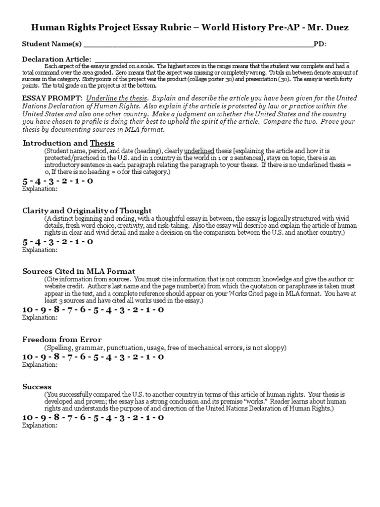 Rubric Human Rights Project | PDF | Essays | Thesis