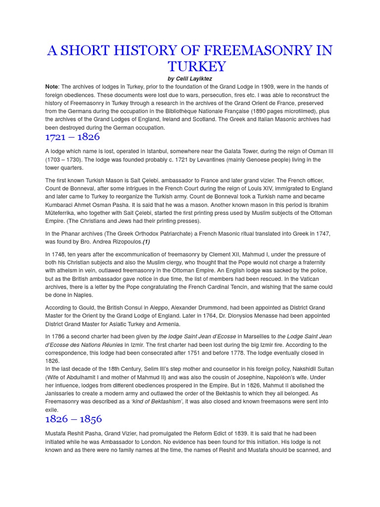 A Short History of Freemasonry in Turkey | PDF | Freemasonry | Masonic ...