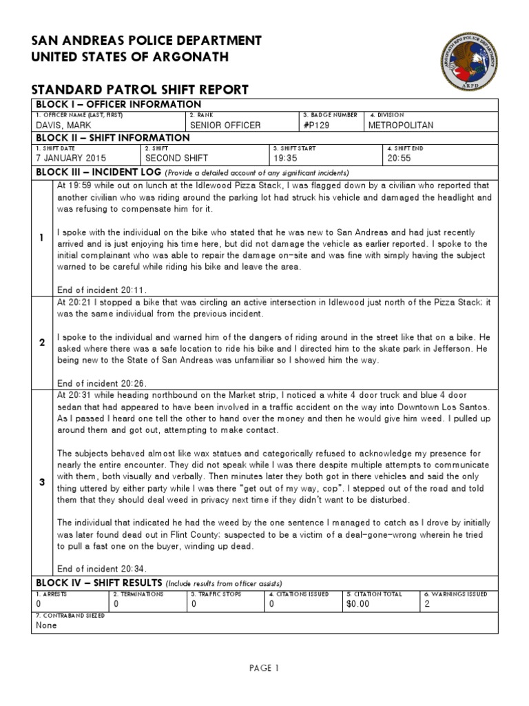 San Andreas Police Shift Report Summary | PDF | Traffic | Law Enforcement