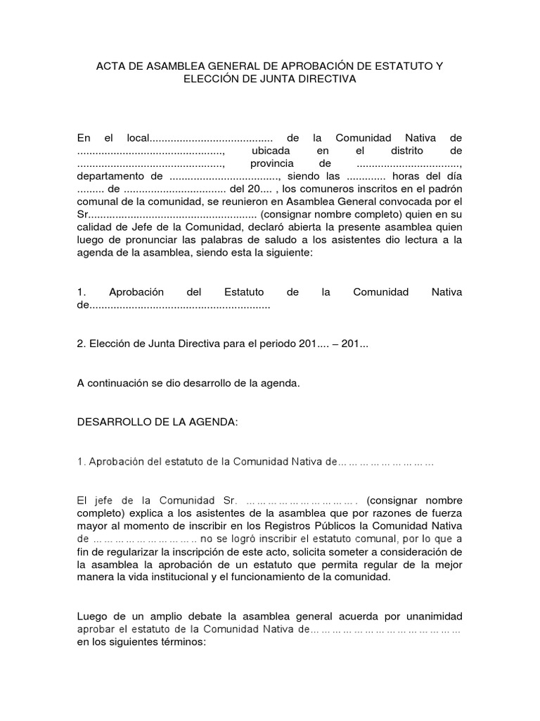 Acta de Asamblea General de Aprobación de Estatuto y Elección de Junta Directiva | Votación ...