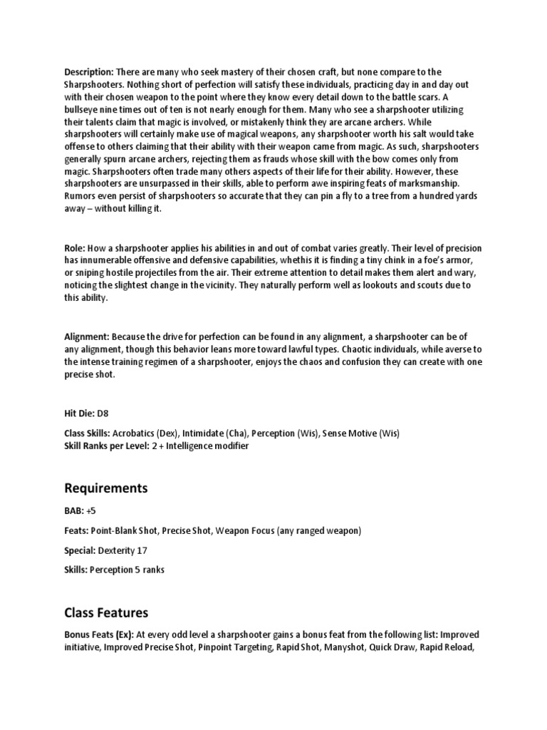 Sharpshooter (Pathfinder Prestige Class) | PDF | Marksman | Military