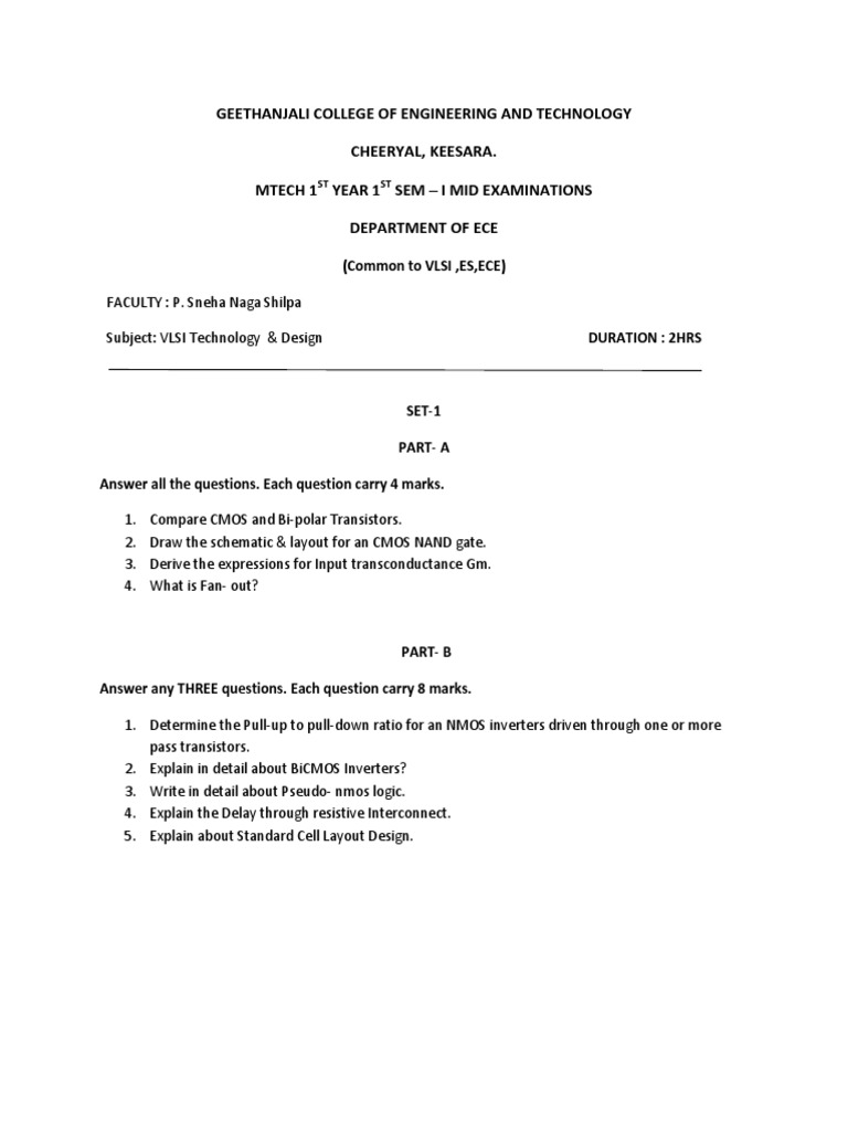 Vlsi Internal Question Paper Mtech. | PDF | Cmos | Mosfet