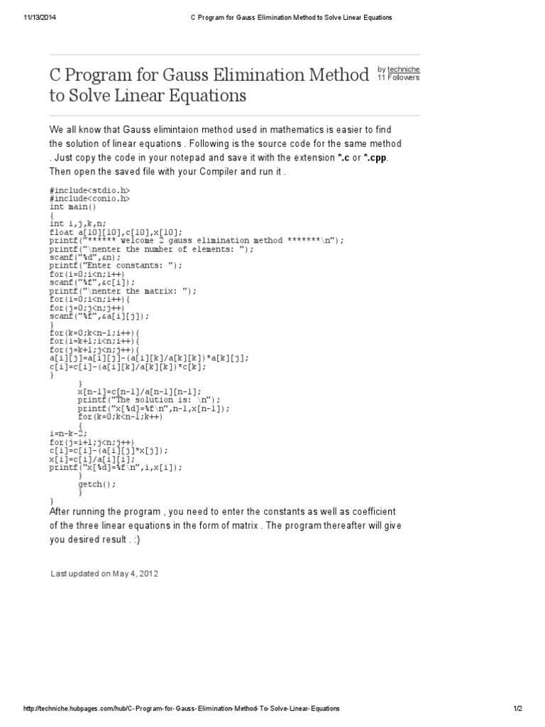 C Program For Gauss Elimination Method To Solve Linear Equations | PDF