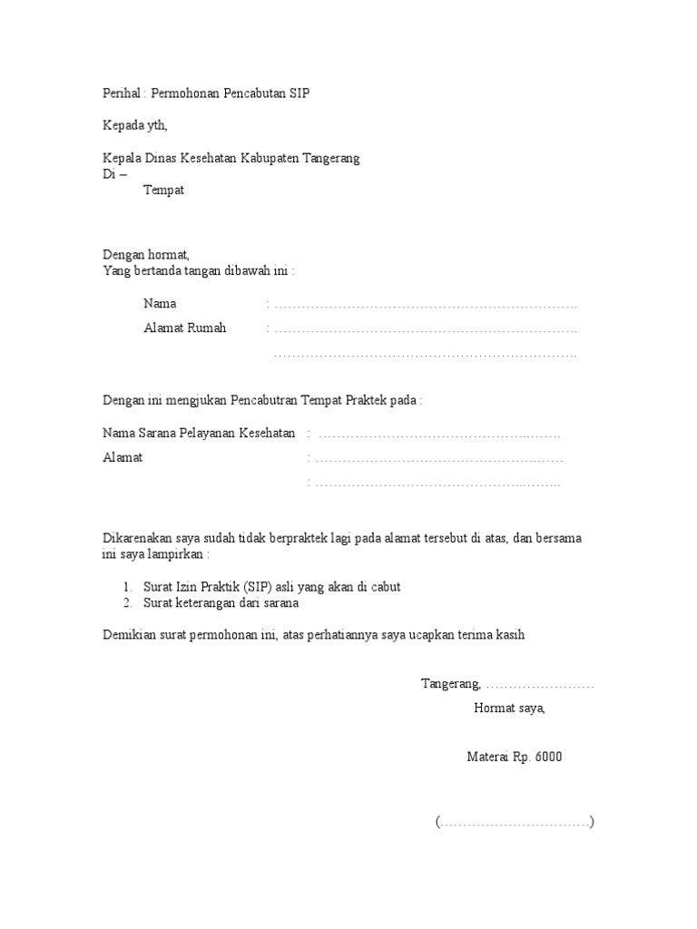 Permohonan Pencabutan SIP - Surat Ijin Praktek | PDF
