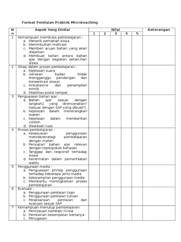 Format Penilaian Praktek Microteaching | PDF