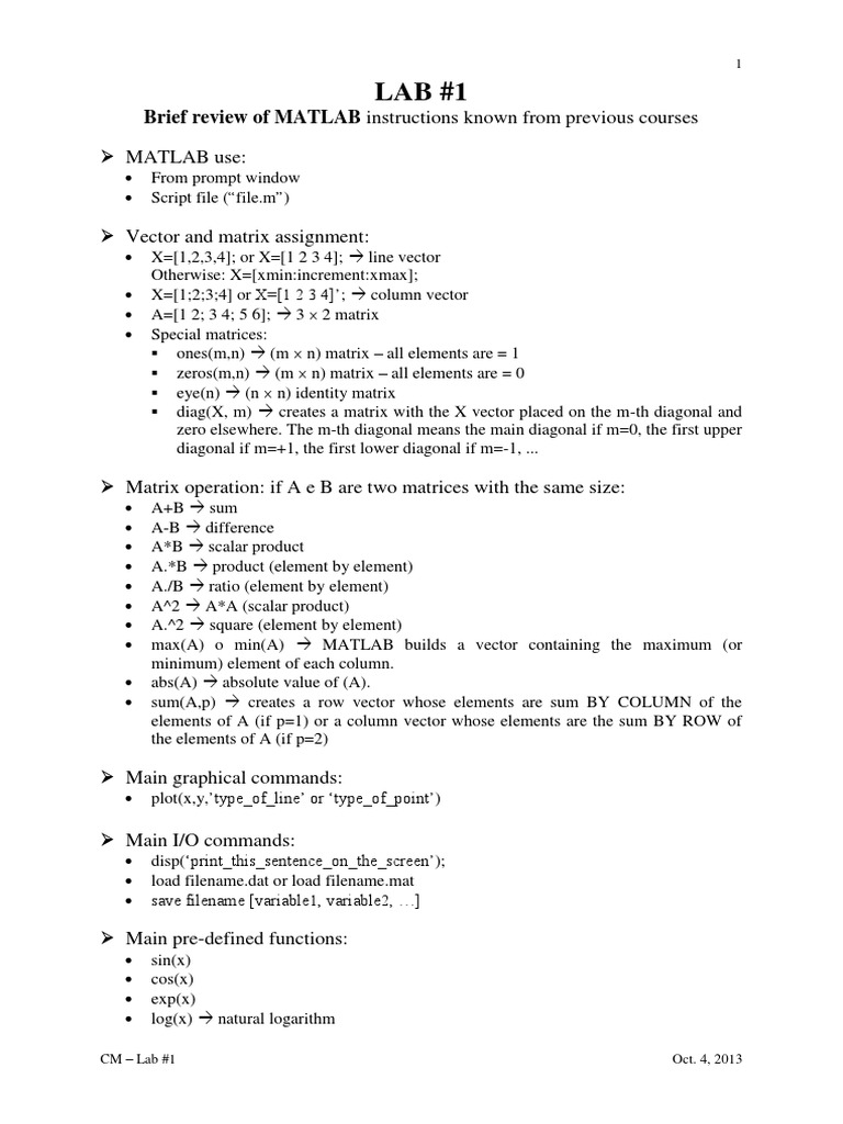 Lab 1 | PDF | Matlab | Matrix (Mathematics)