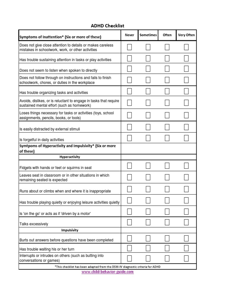 ADHD Symptoms Checklist for Kids | PDF | Self-Improvement | Wellness