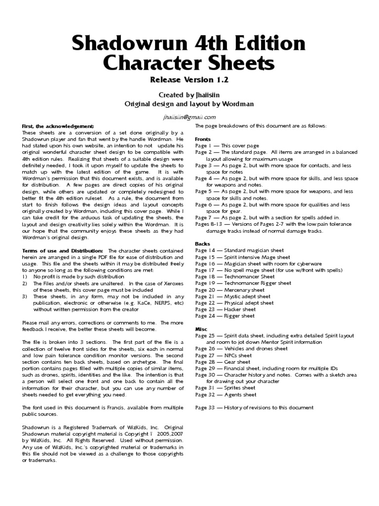 Shadowrun 4th Edition Character Sheets | PDF | Ammunition | Leisure