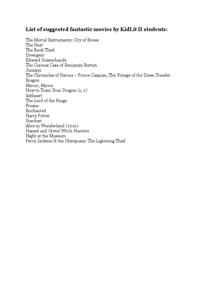 List of Suggested Fantastic Movies by Kidlit Ii Students | PDF