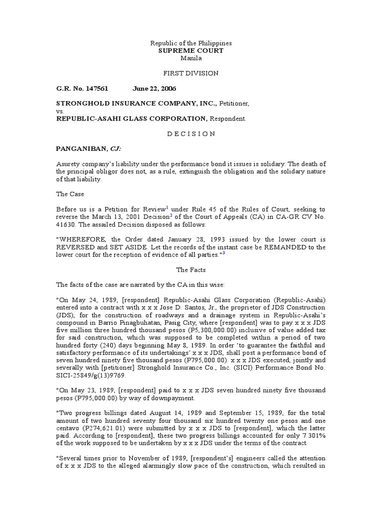 STRONGHOLD Vs Republic - Asahi Case | PDF | Surety Bond | Guarantee