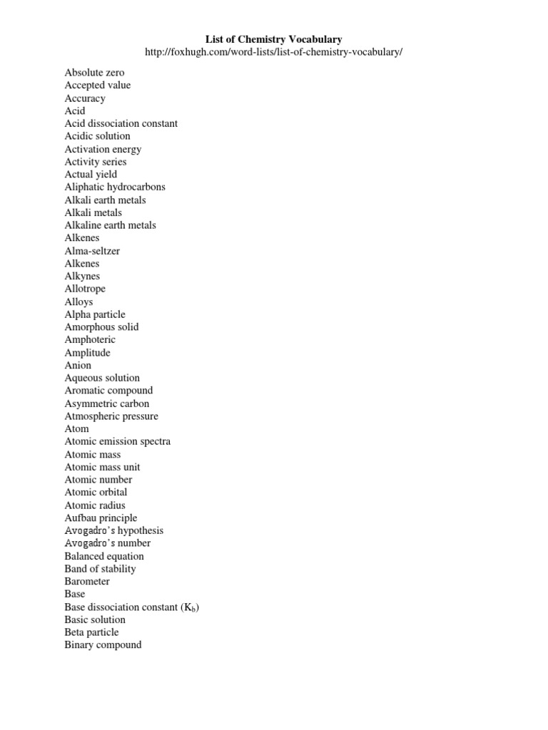 Comprehensive Chemistry Vocabulary List | PDF | Chemical Reactions ...