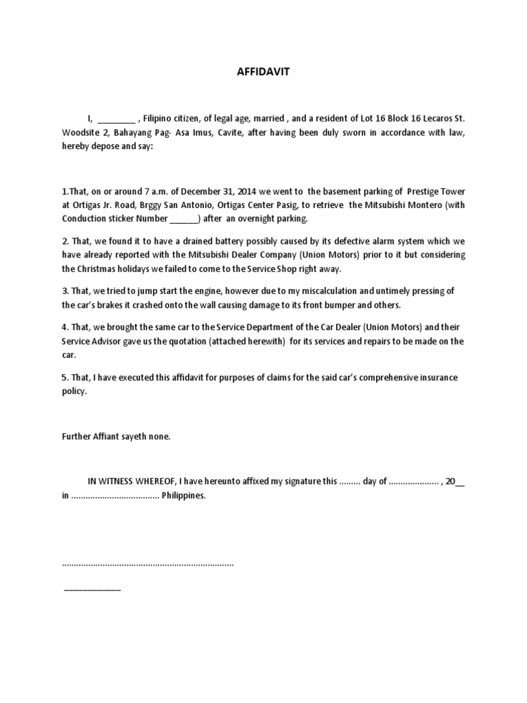 Affidavit - Car Damaged