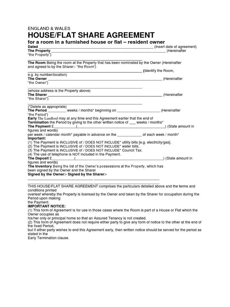 England & Wales House/Flat Share Agreement | PDF | Insurance | Property