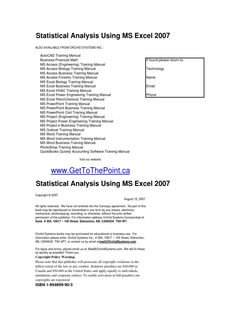 ms_excel_statistical_analysis_sample.pdf | Student's T Test | Sample ...