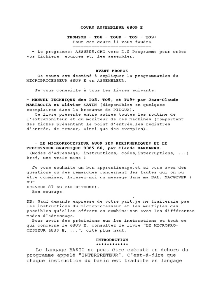 Cours Assembleur 6809E pour TO8/TO9 | PDF | Assembleur | Programme ...
