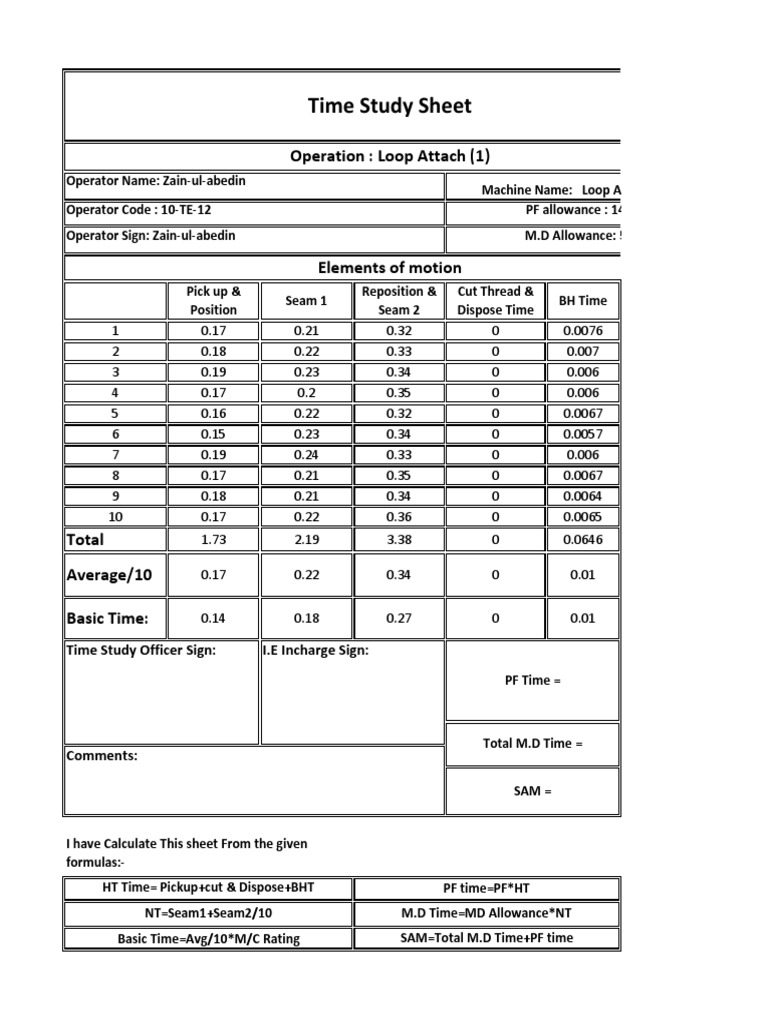 Time Study Sheet by Zain | PDF