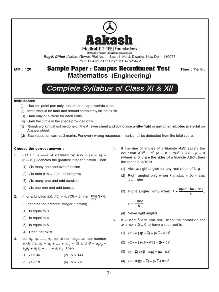 Mathematics Engg Practice Test Paper-1 | Download Free PDF | Circle ...