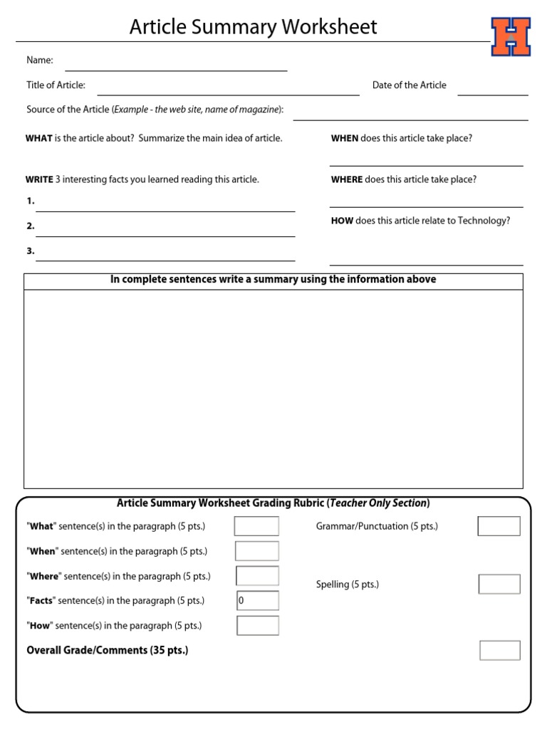 Article Summary Worksheet Guide | PDF