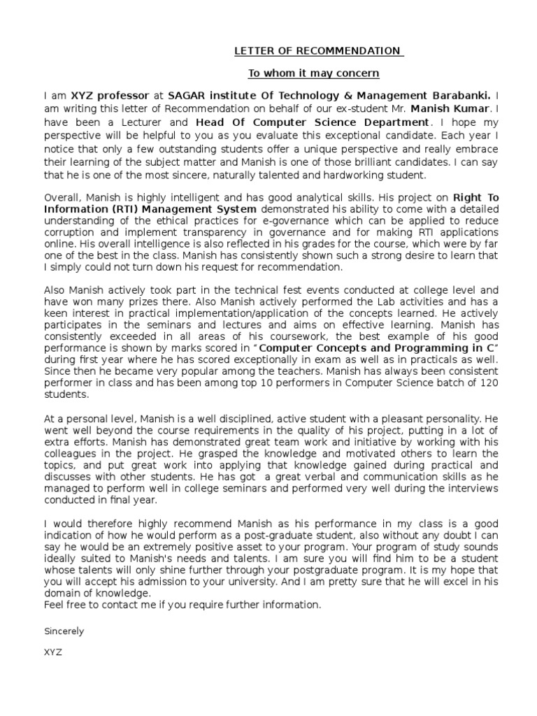 Letter of Recommendation for Manish Kumar | PDF | Postgraduate ...