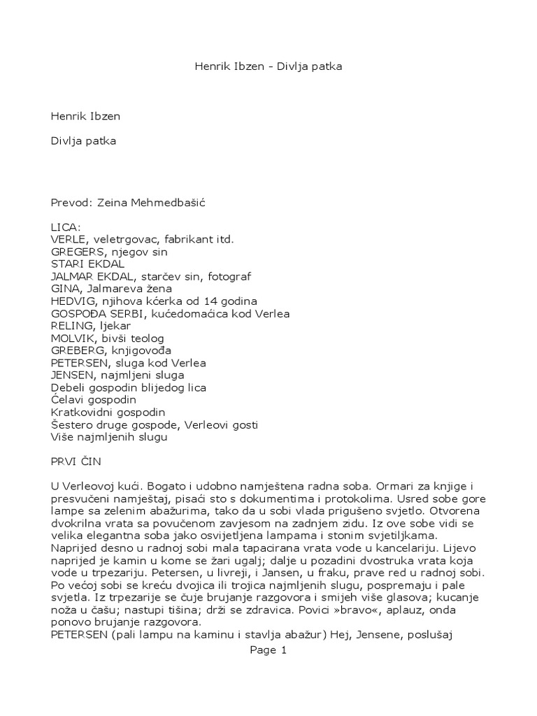 Henrik Ibzen - Divlja Patka | PDF