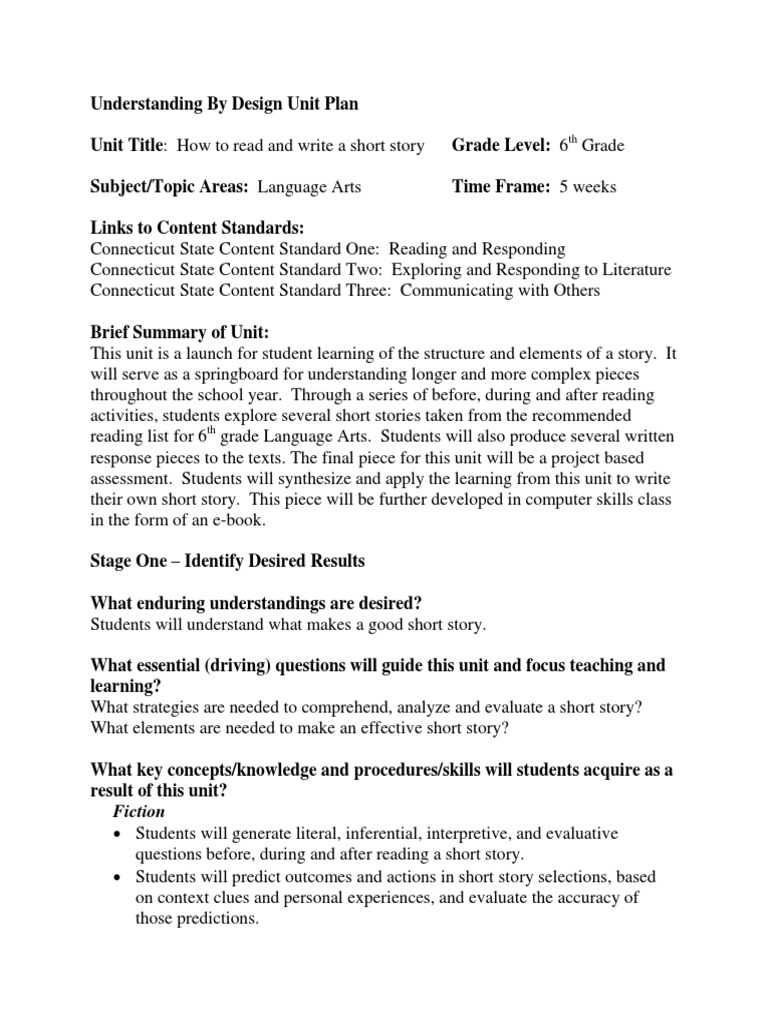 Understanding by Design Unit Plan | PDF | Reading Comprehension ...