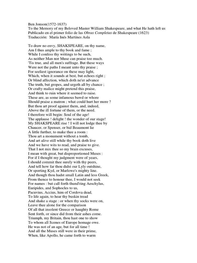 BEN JONSON - A La Memoria | PDF | Ben Jonson | Poetry