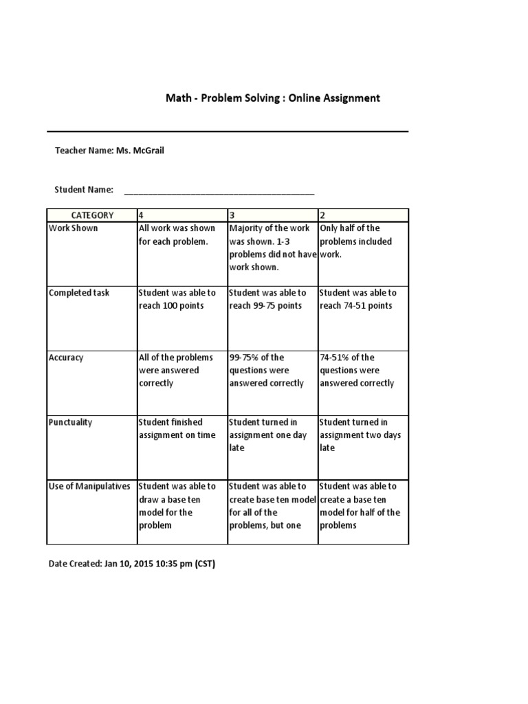 Math Assignment Evaluation Rubric | PDF | Computers