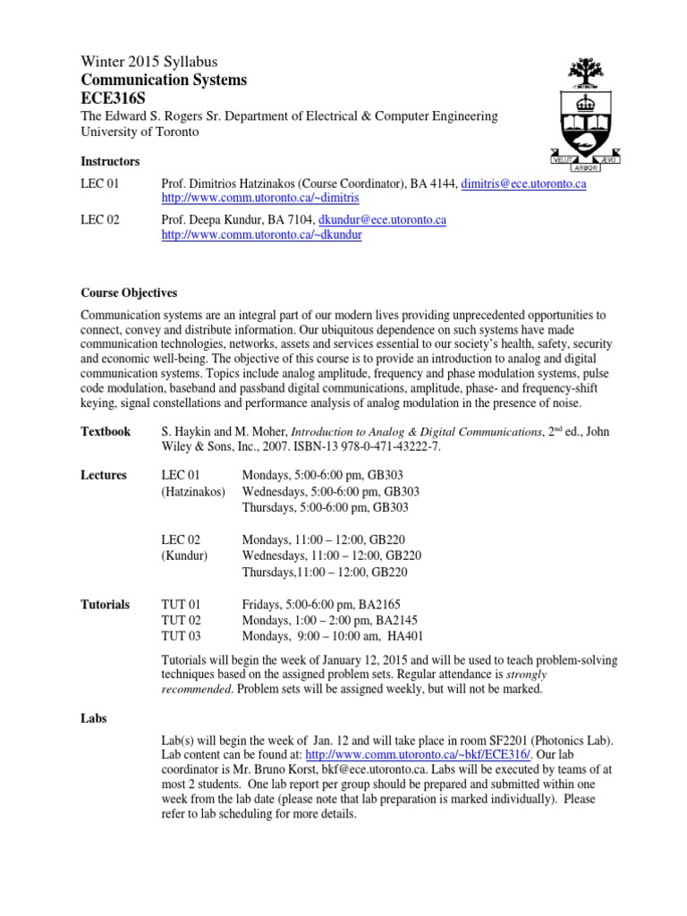 Uoft Ece316 Communication Systems Syllabus Pdf Modulation Data Transmission