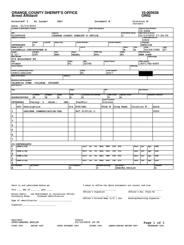 Orange County Sheriff's Office Arrest Affidavit | Online And Offline ...