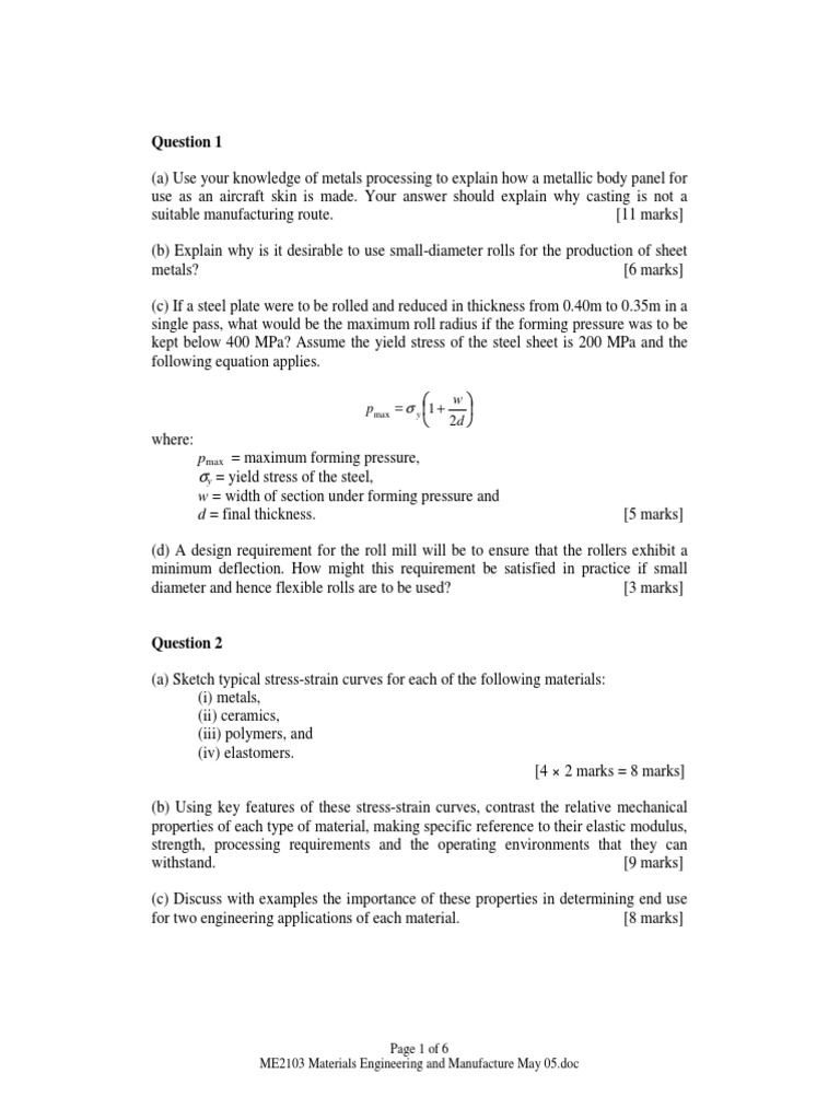 05may P2 ME2103 Materials Eng and Manufacture | PDF | Strength Of ...