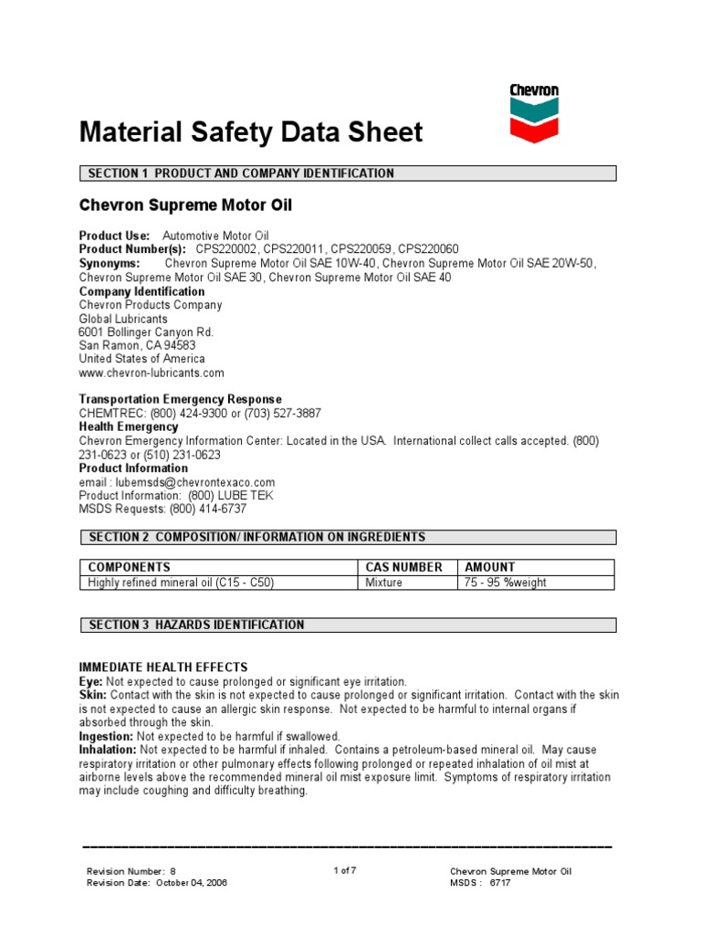 Supreme Motor Oil MSDS | PDF | Toxicity | Personal Protective Equipment