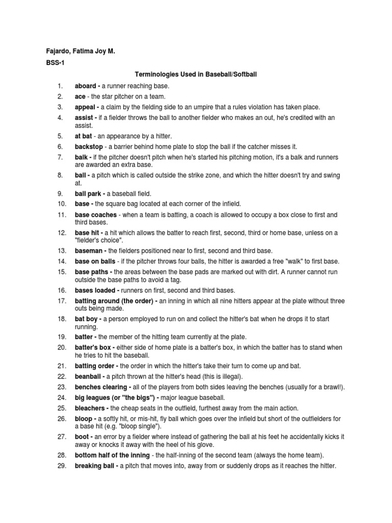 Baseball Terminologies | PDF | Baseball Field | Pitcher