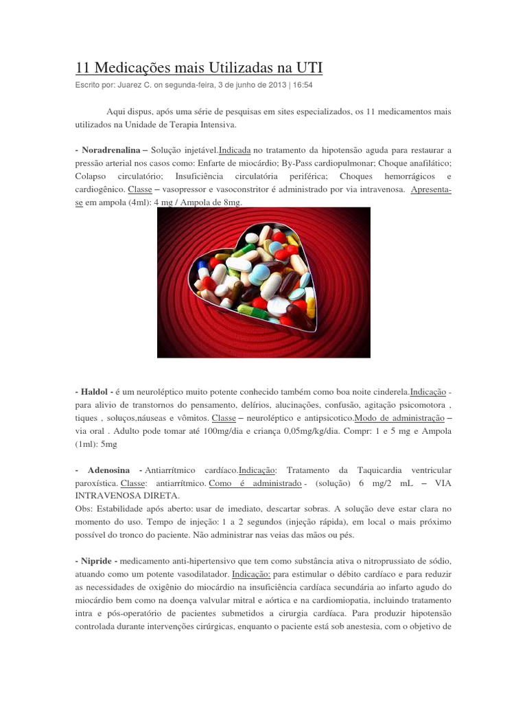 11 Medicações Mais Utilizadas Na UTI | PDF | Sistema cardiovascular ...