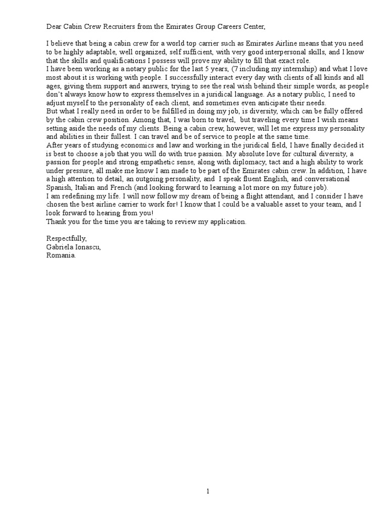 Cover Letter Emirates | PDF | Flight Attendant | Psychological Concepts