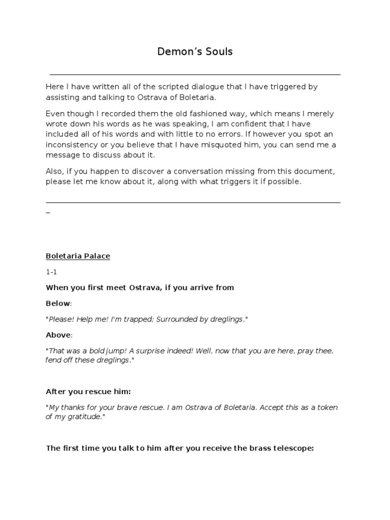 Ostrava of Boletaria Dialogue Guide | PDF