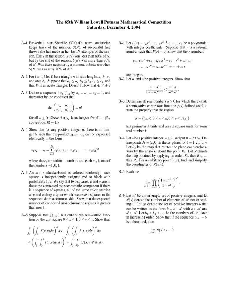 Analysis of problems from the 65th William Lowell Putnam Mathematical ...