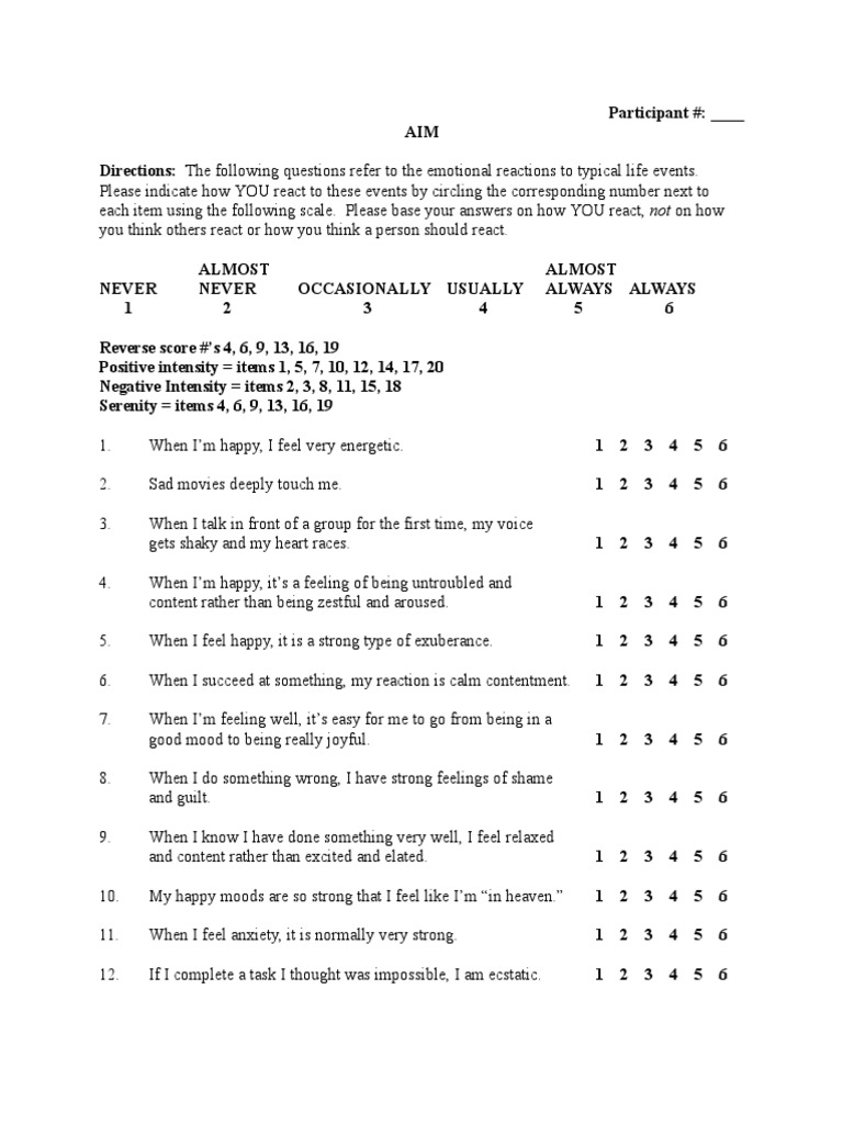AIM - Short Affect Intensity Scale - Scoring Sheet | PDF | Contentment ...