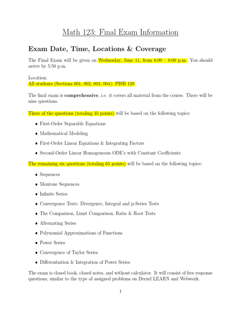 Drexel - Math 123 - FinalExamReview | PDF | Series (Mathematics ...