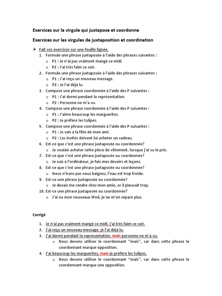 Exercices Sur La Virgule Qui Juxtapose Et Coordonne | PDF | Phrase ...