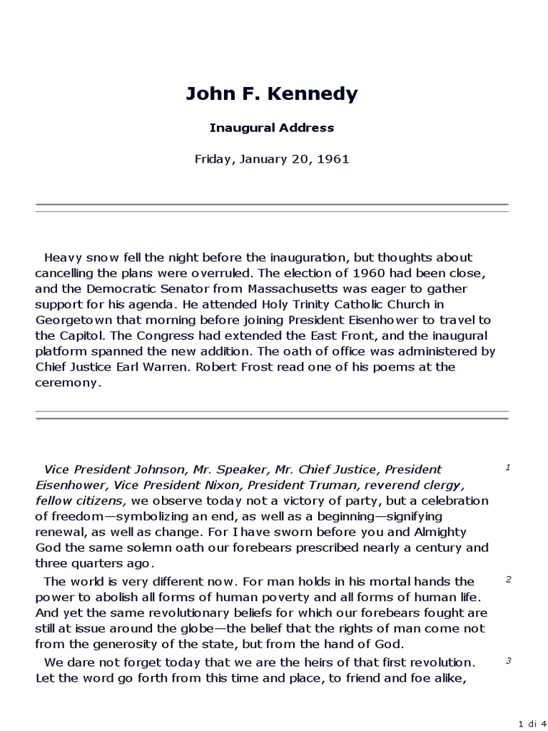 JFK Inaugural Address Highlights | PDF | Law | History