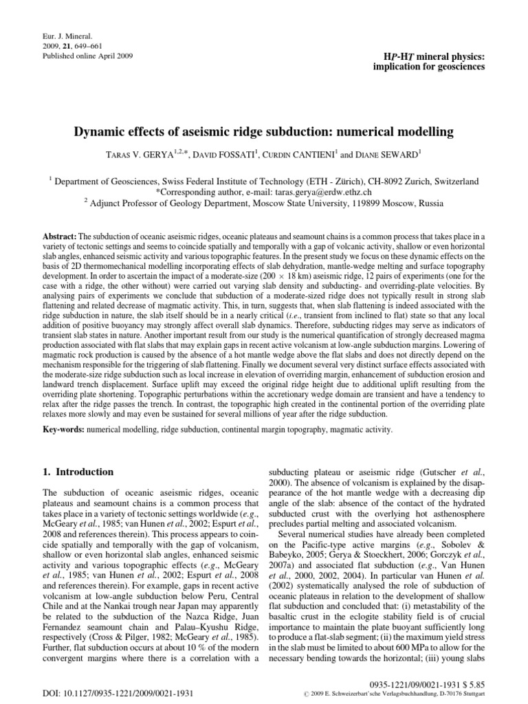 Dynamic Effects of Aseismic Ridge Subduction: Numerical Modelling ...