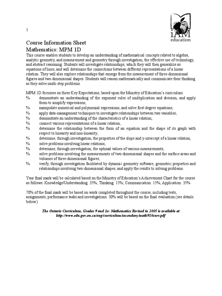 mpm1d Ci Sheetrevised2005 | PDF | Equations | Linearity