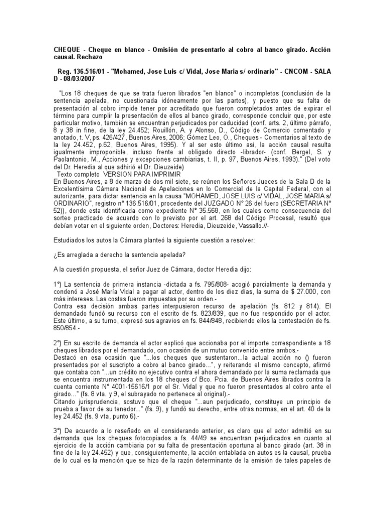 Cheque en Blanco-Accion Causal-Cnc Sala D | PDF | Cheque | Demanda judicial