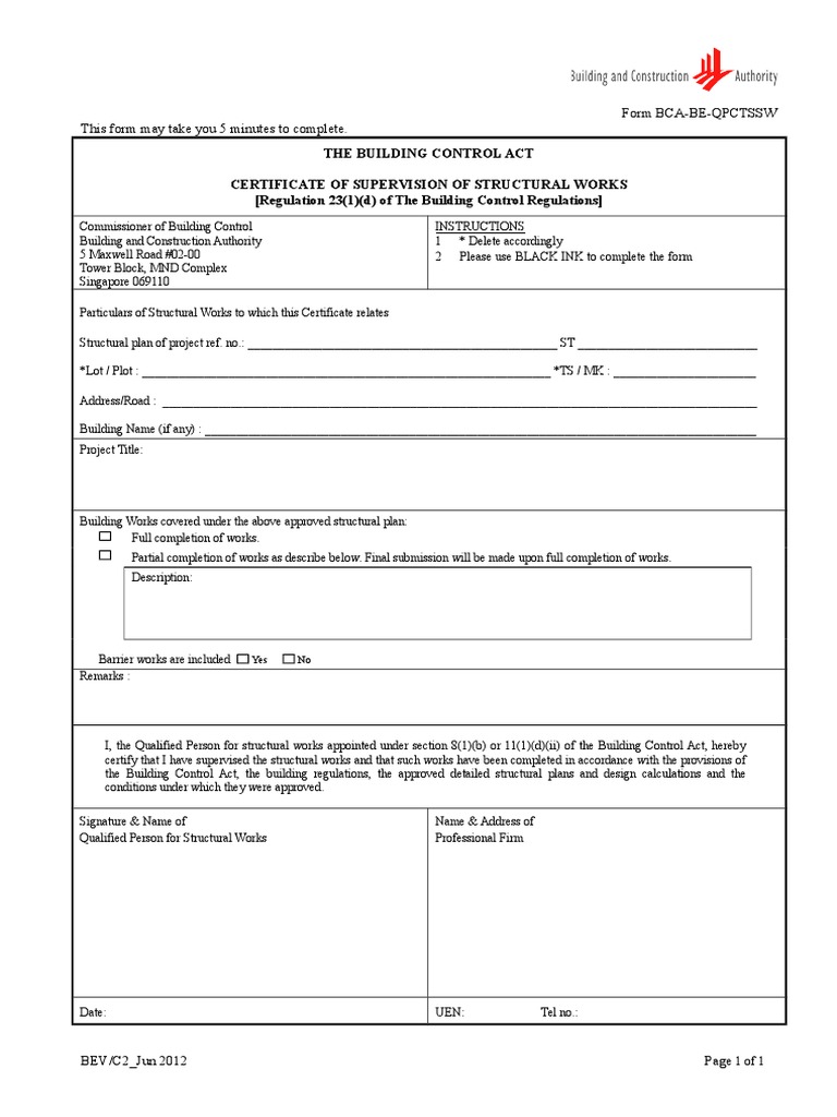 The Building Control Act Certificate of Supervision of Structural Works ...