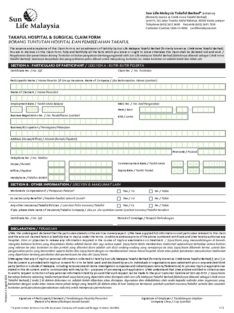 NEW Takaful Hospital and Surgical Claim Form - Sun Life Malaysia ...