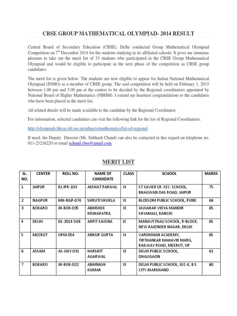 CBSE Group Mathematical Olympiad Result | PDF | Schools | Behavior ...