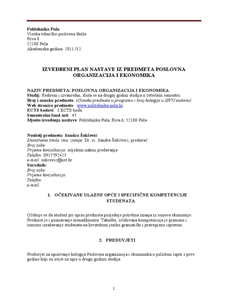 IZVEDBENI PLAN NASTAVE Poslovna Organizacija I Ekonomika | PDF