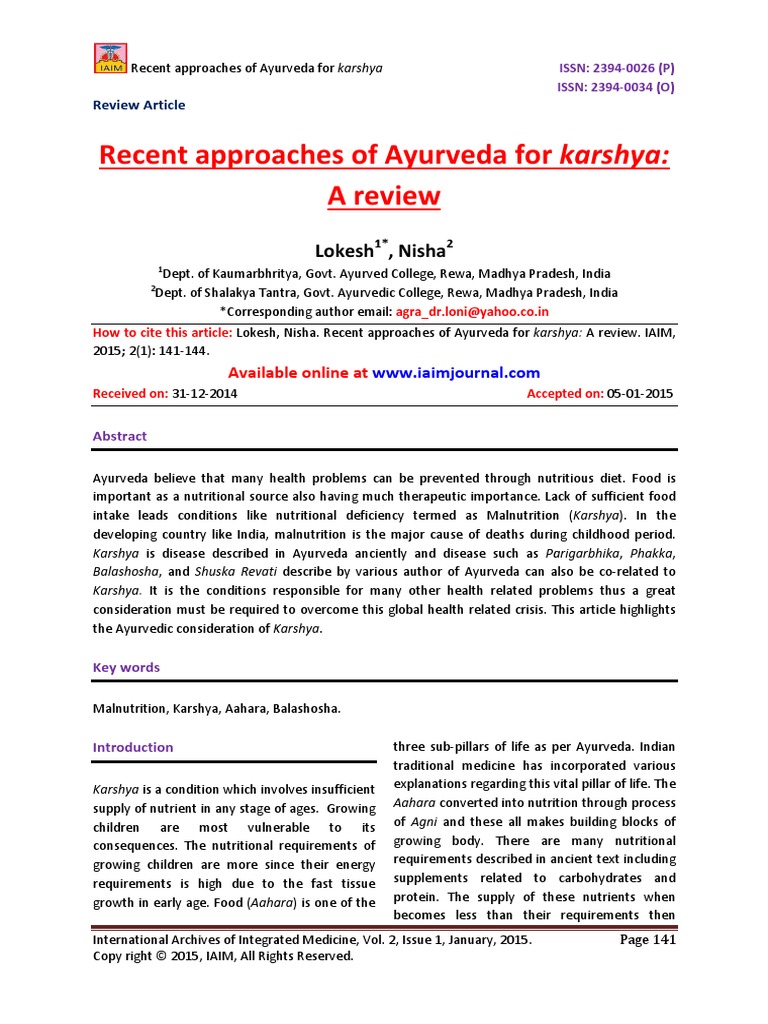 Recent approaches of Ayurveda for karshya: A review | Liver | Ayurveda