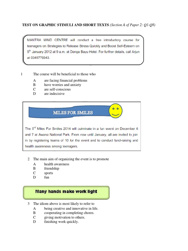 Test On Graphic Stimuli and Short Texts (Section A of Paper 2: Q1-Q8 ...