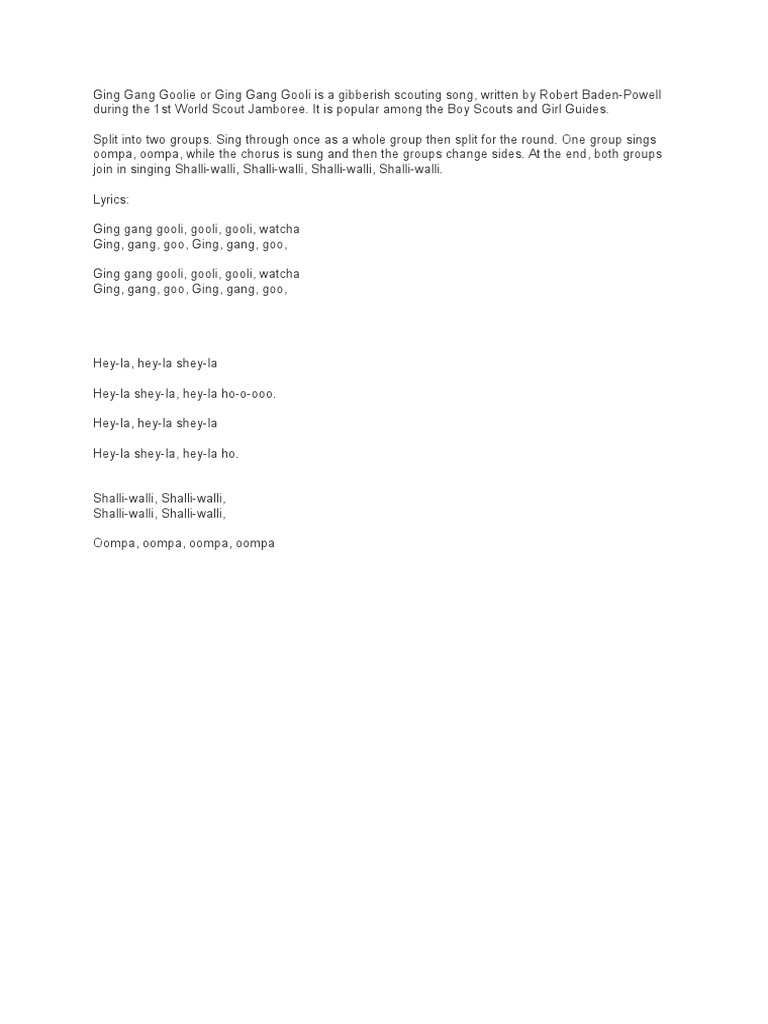 Ging Gang Goolie or Ging Gang Gooli Is A Gibberish Scouting Song | PDF ...